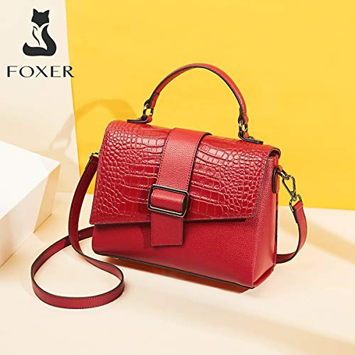 FOXER Small Crossbody Bags for Women, Genuine Leather Crocodile Skin Pattern Medium Size Ladies Top-handle Bags with 2 Shoulder Straps Womens Classic Small Satchel Purses and Handbags (Red)