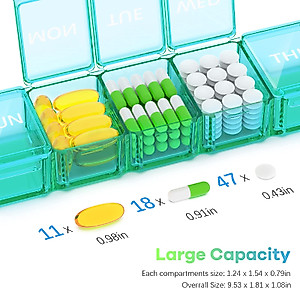 Extra Large Pill Organizer 2 Pack, XL Pill Box 7 Day, Weekly Pill Case with Large Capacity, Jumbo Organizer, BPA Free (Blue+Green)