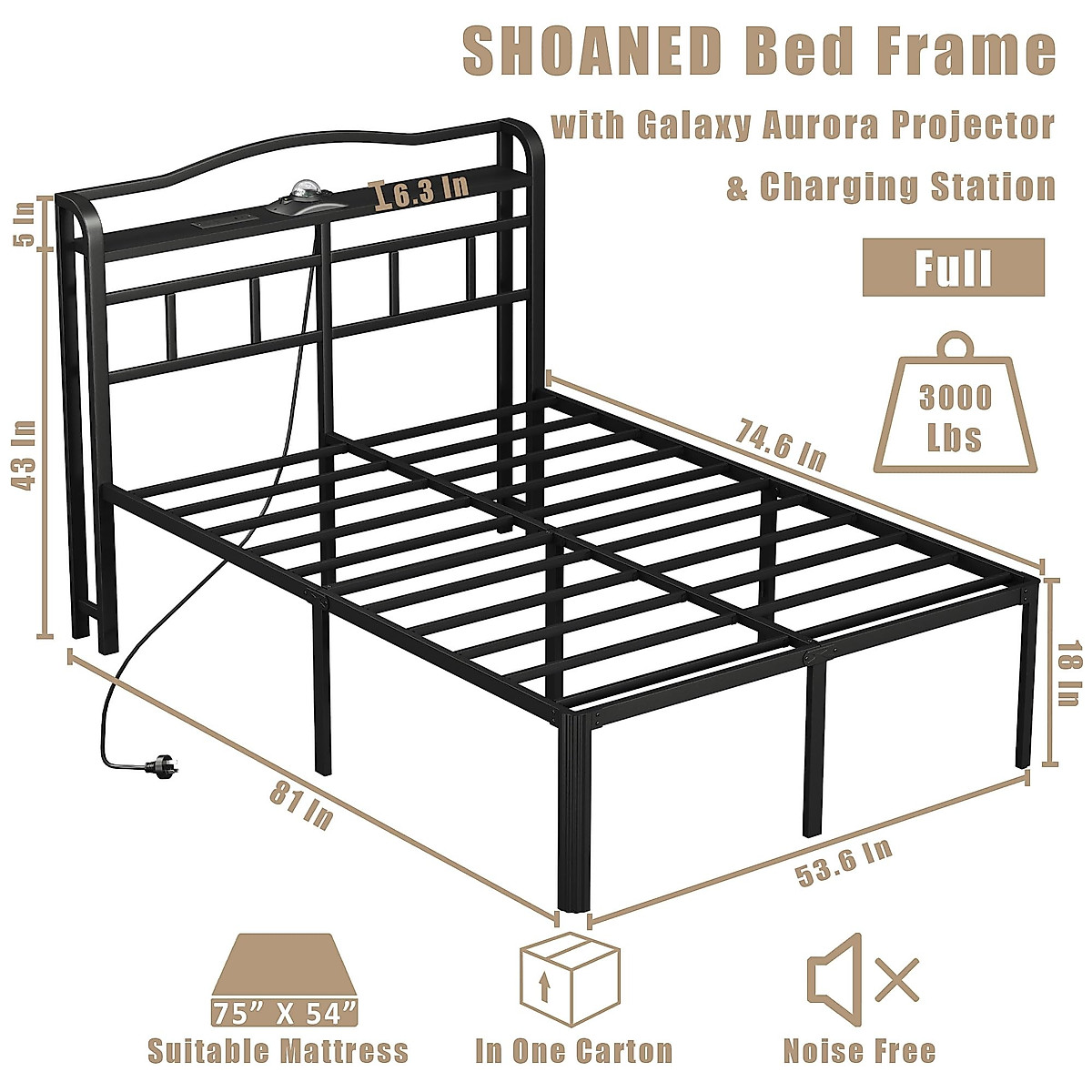 SHOANED Full Size Metal Bed Frame - 18 Inch Heavy Duty Bedframe with Headboard & Charging Station Basic Steel Slats Platform with Galaxy Aurora Projector No Box Spring Needed