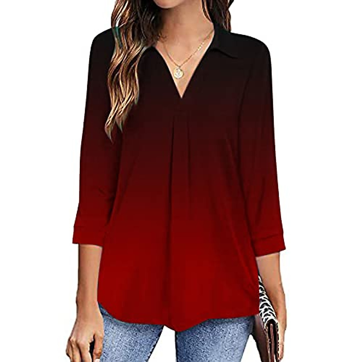 3/4 Sleeve Tops for Women Summer Solid Gradient Color V-Neck Shirts Blouse Empire Waist Loose Casual Trendy 2023