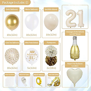21st Birthday Decorations, White and Gold 21st Birthday Decorations for Her, Happy Birthday Banner Tablecloth Cake Topper Birthday Sash Crown Fringe Curtain Balloons for Girl 21st Birthday Party Decor