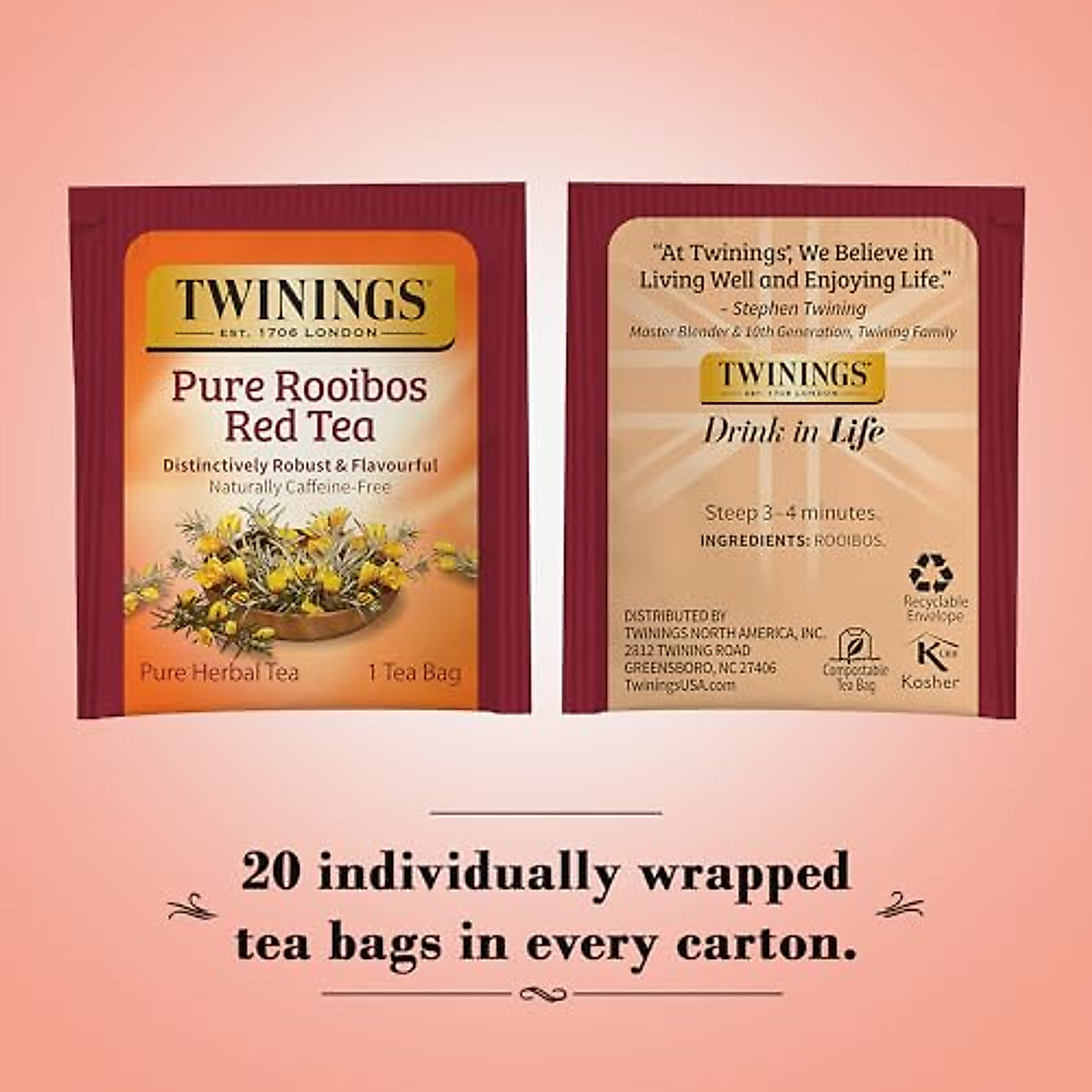 Twinings Pure Rooibos Red Tea - A Naturally Sweet and Tangy Red Tea, Caffeine-Free Herbal Tea Bags, Individually Wrapped, 20 Count (Pack of 2)