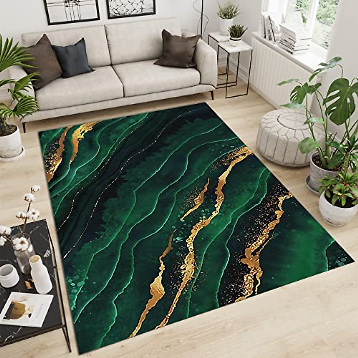 Nordic Modern Jade Green Marble Area Rug, Luxury Green Wave Gold Texture Living Room Rugs, Non Slip Machine Washable Easy Care Carpet for Indoor Bedroom Study Apartment Home Decor - 5.3 ft x 6.6 ft