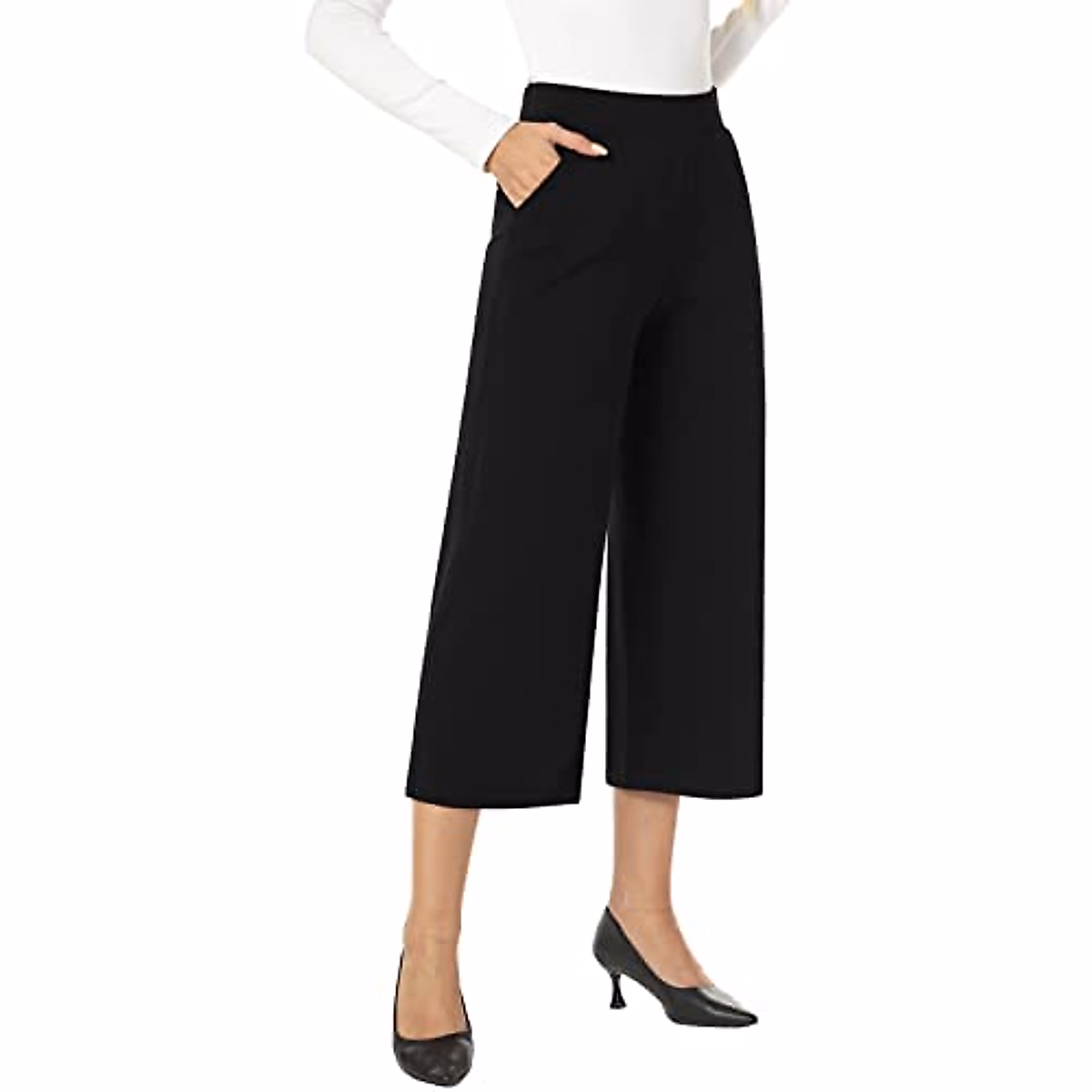 MISS MOLY Women's Wide Leg Pants Business Capris Crop Palazo Dress Pants Culotte Stretch Pull On Work Pants Black M