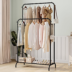 Hzuaneri Clothes Rack, Double Rods Garment Rack with Storage Shelf, Clothing Rack for Hanging Clothes, Metal Frame Clothes Organizer for Bedroom, Living Room, Black GR34099B