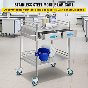 VEVOR Lab Serving Cart, 2 Layers Stainless Steel Utility Rolling Cart, Medical Cart with Two Drawers, Dental Utility Cart with Lockable Wheels and A Bucket, for Laboratory, Hospital, Dental Use