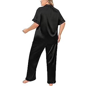 SWOMOG Womens Satin Plus Size Pajamas Silk Short Sleeve Pjs Sets Button Up Pajama with Ruffle Soft Loungewear Wedding PJs Black