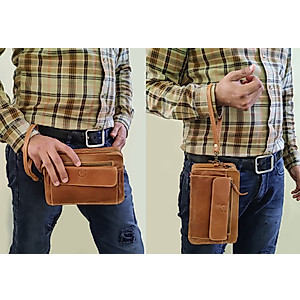 Rustic Town Leather Wristlet Wallet Handbag for Men, Cognac