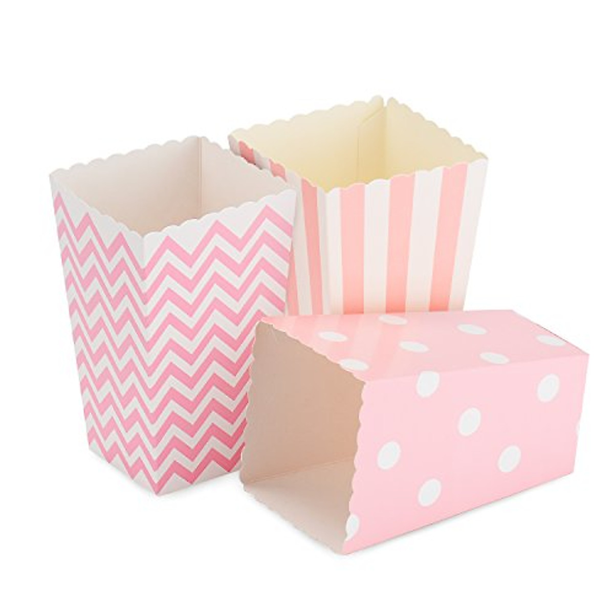 NUIBY Popcorn Boxes, Pink Trio (36 Pack) Polka Dot, Chevron, Stripe Treat Boxes - Small Movie Theater Popcorn Paper Bags for Dessert Tables & Wedding Favors