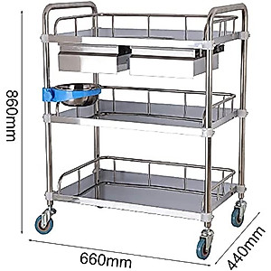 Utility Cart Lab Serving Cart, Medical Cart 3-Tier Medical Trolley with Drawers and Dirt Bucket,Assemble Small Surgical Cart for Lab Equipment,Detachable Stainless Cart Load 100 Kg ( Size : Large )