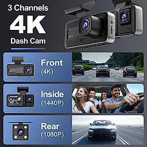3 Channel 4K Dash Cam, Dash Camera for Cars with 64GB SD Card, 4K+1080P+1440P Dash Cam Front and Rear Inside, Super Night Vision, Loop Recording, G-Sensor, Motion Detection, 24 Hours Parking Mode