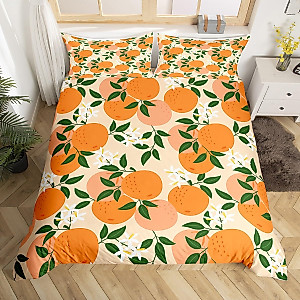 Feelyou Cartoon Orange Duvet Cover Set Fresh Oranges Bedding Set for Kids Boys Girls Cartoon Citrus Fruit Comforter Cover Fruit Style Quilt Cover Bedroom Collection 3Pcs Queen Size