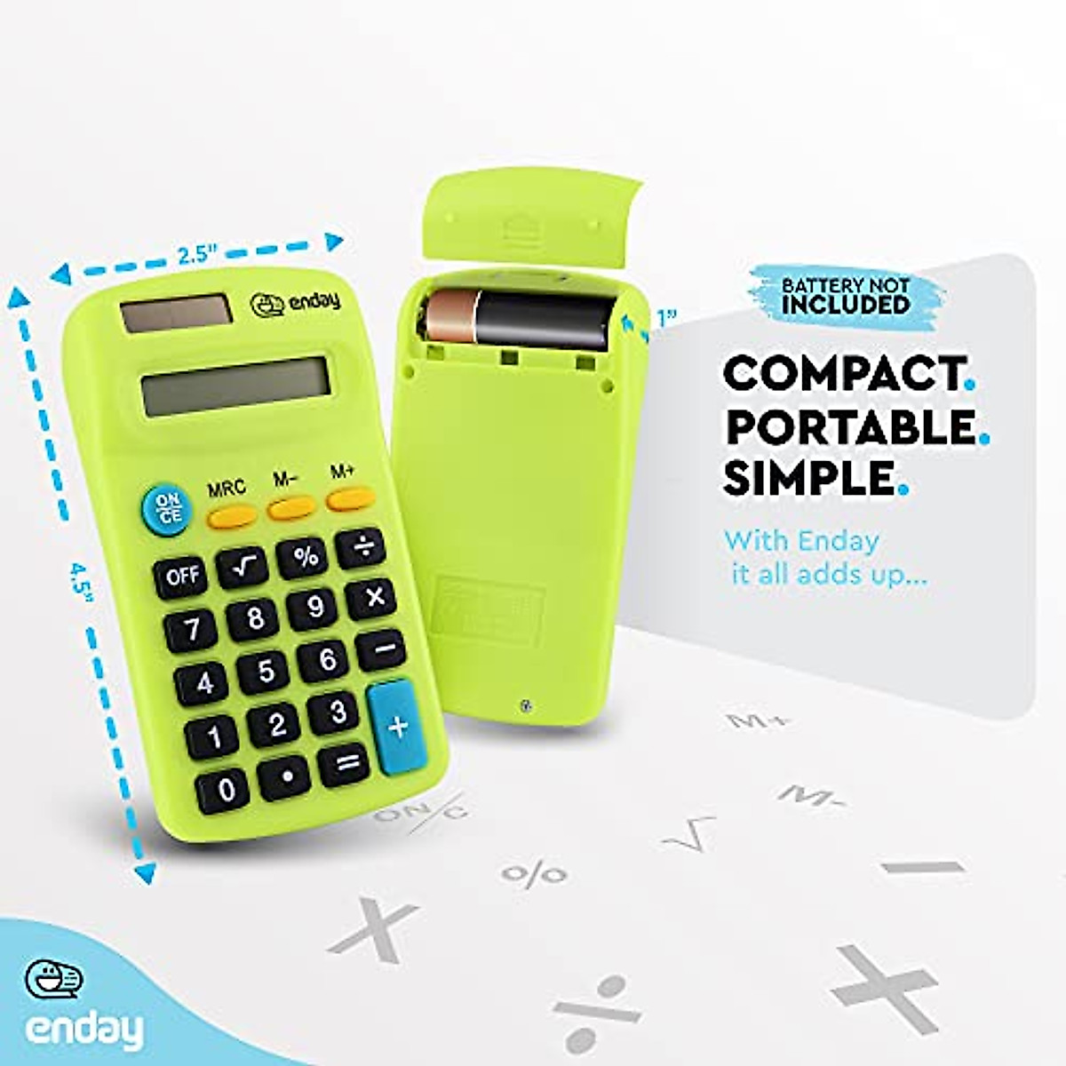 Calculator Green, Basic Small Solar and Battery Operated, Large Display Four Function, Auto Powered Handheld Calculator School and Kids Available in Blue, Red, Purple, Grey, Pink, 1 PK – by Enday