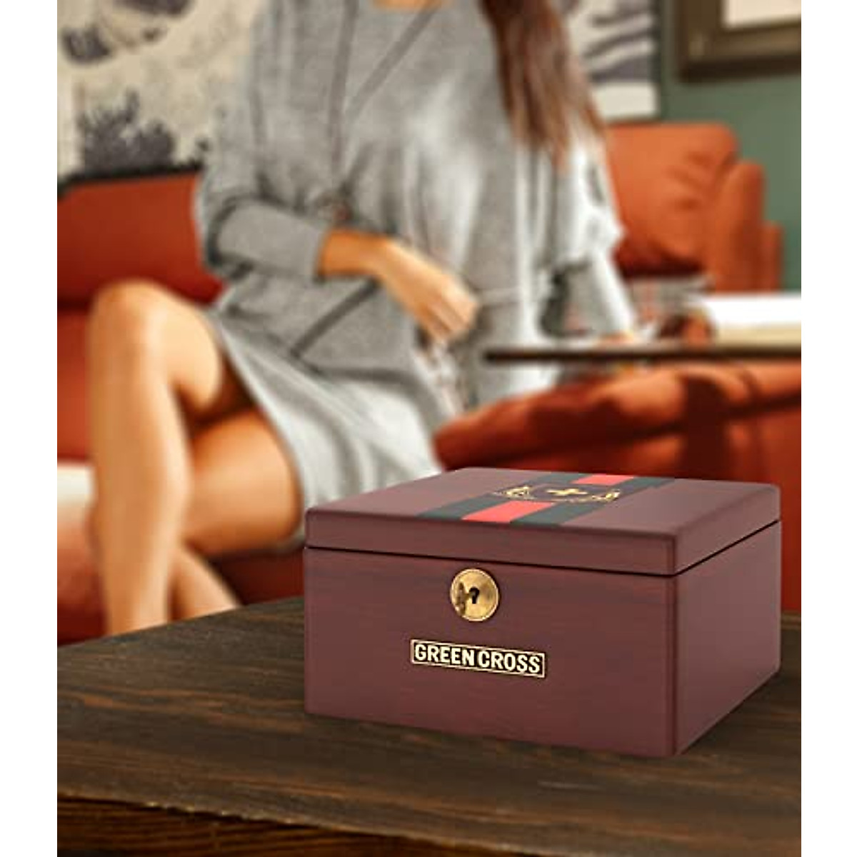 GREEN CROSS Stash Box Decorative Box Lock Box with Key Wooden Box Smell Proof Removable Wooden Tray Ceramic Tray Adjustable Compartments Storage Box for Home and Organization