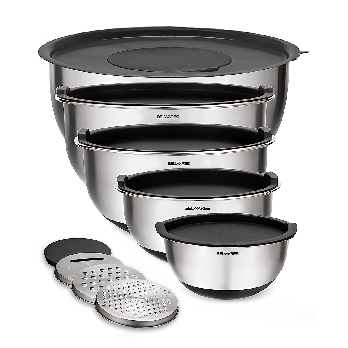 Belwares Mixing Bowls with Lids Set - Nesting Bowls with Airtight Lids + Graters - Stainless Steel Non-Slip Mixing Bowl for Baking, Food Storage and Prepping (Black, 5-Piece Set)
