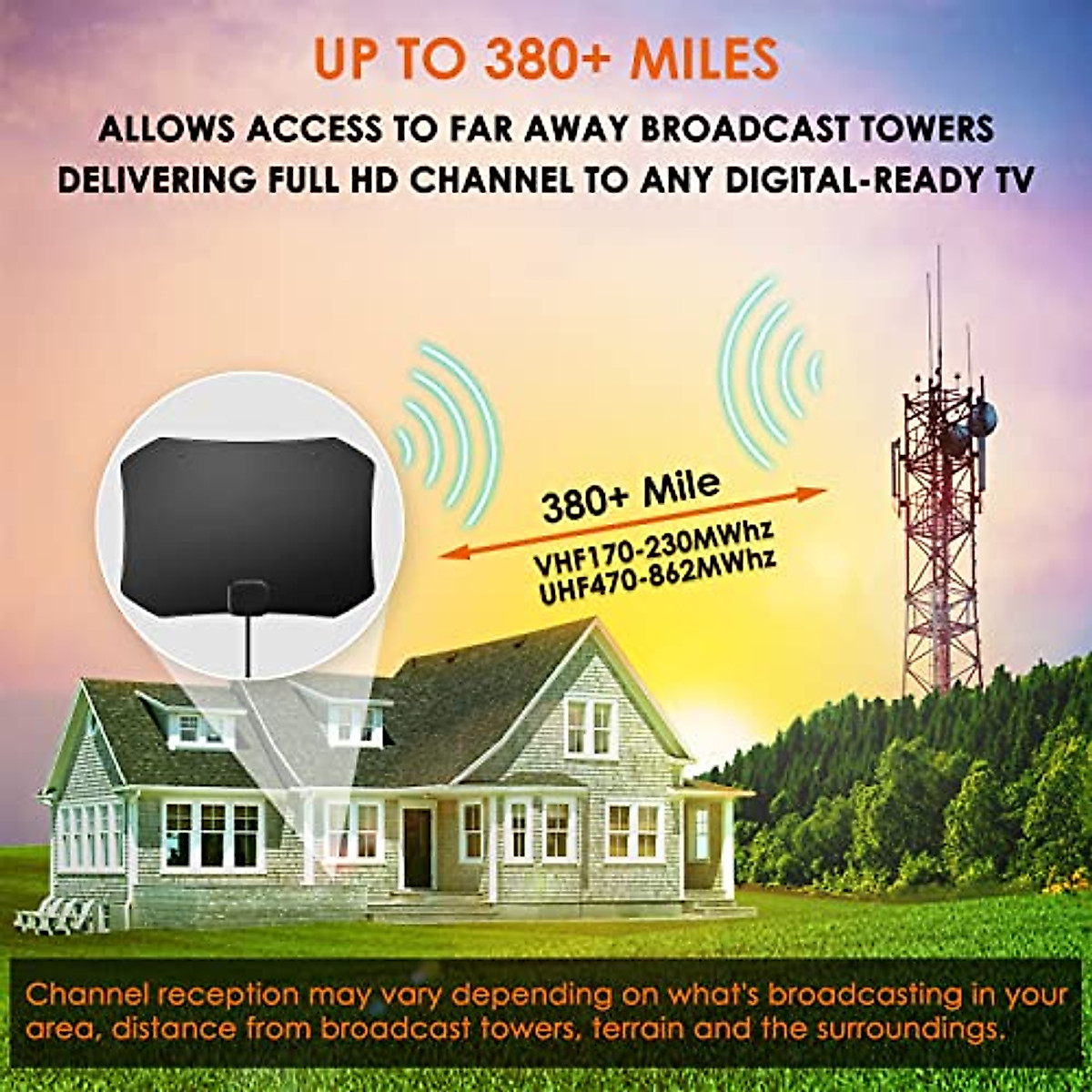 Digital TV Antenna, 380 Miles Indoor Amplifier Signal Booster Long Range HDTV Antenna Support 4K 1080P UHF VHF Free Local Channels with 13.4ft Coax Cable and USB Power Adapter
