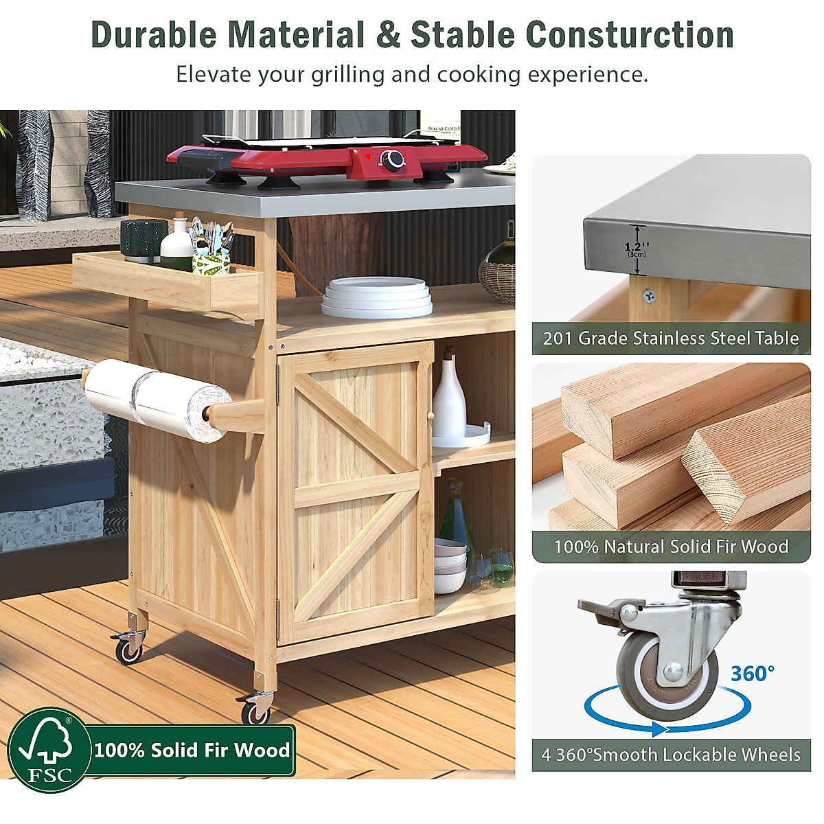 CKLMMC Farmhouse Outdoor Kitchen Island, Rolling Bar Cart & Storage Cabinet with Stainless Steel Top, Spice Rack, Towel Rack for Kitchen & Barbecue, Solid Wood Outdoor Grill Table (Natural)