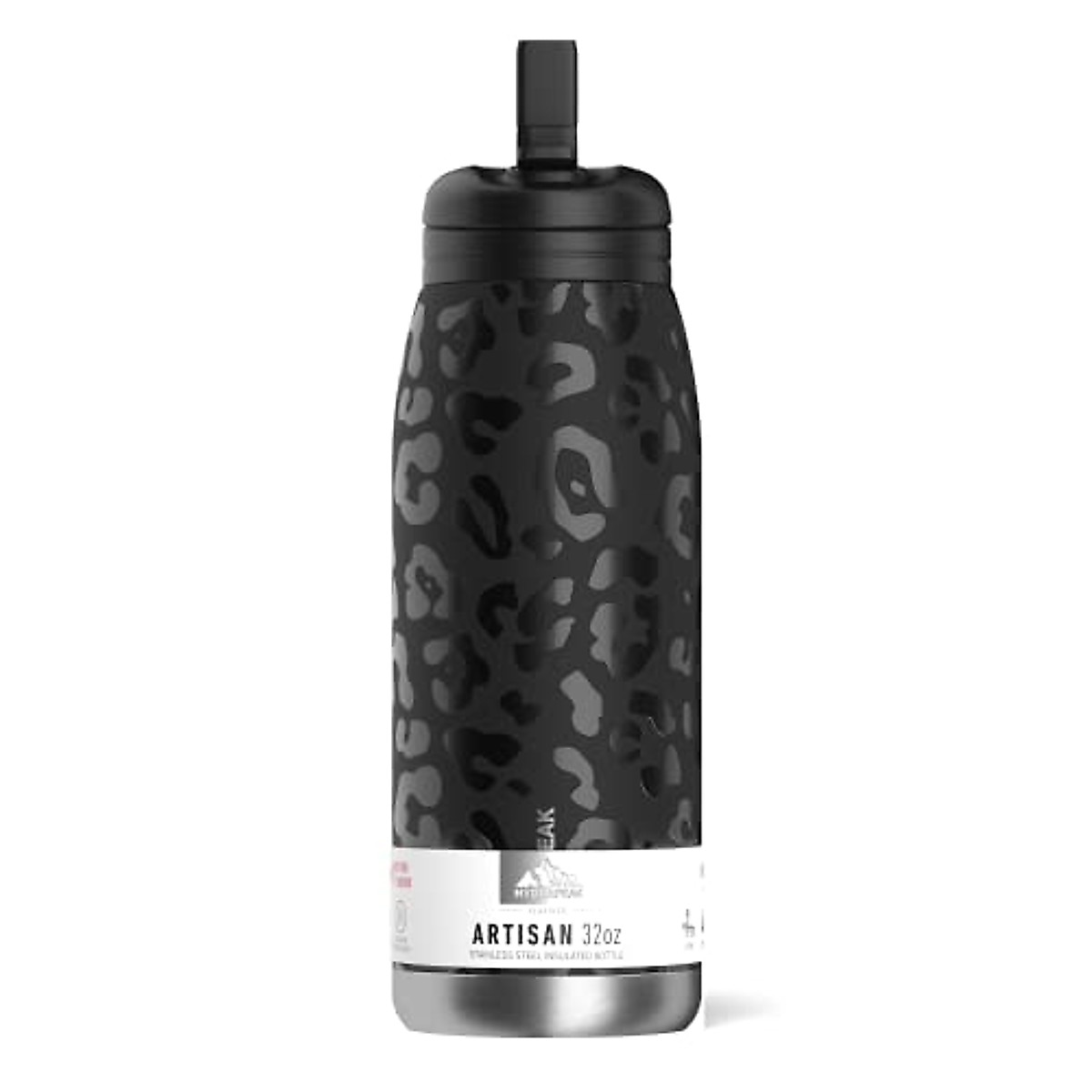 Hydrapeak Artisan 32oz Insulated Water Bottles with Straw Lids | Leak-Proof and Vacuum Insulated, Double Walled Stainless Steel Water Bottles Featuring Chic and Stylish Designs (Black Leopard)