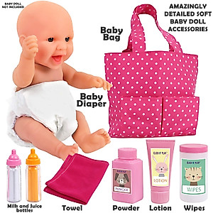 Click N' Play Baby Girl Doll Diaper Bag, Pink Soft Carrying Bag Including Cleaning, Caring, & Feeding Accessories - Baby Doll Bottles, Towel, Powder, Lotion, Wipes