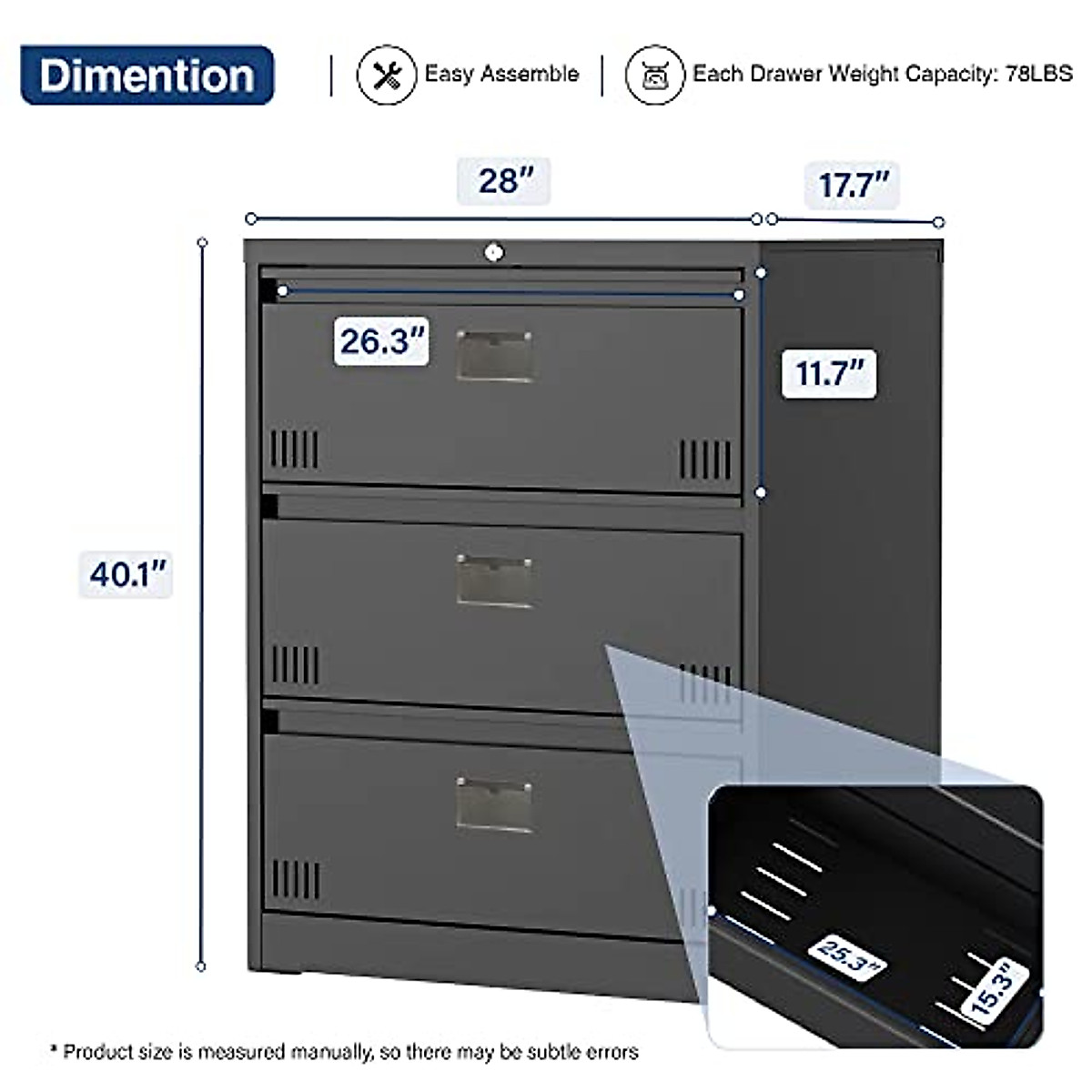 kingwolfox 3 Drawer Lateral File Cabinet with Lock, Locking lateral Filing Cabinet for Office Metal Steel File Drawers Cabinet, Lockable Horizontal File Cabinet for Hanging Legal.