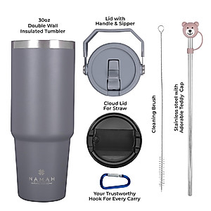 NAMAH-AtYourService 30oz/890ml Stainless Steel Tumbler Handle - Vacuum Insulated leakproof extra Cloud LID Stainless Steel Straw Straw Cap cleaning brush & Carabiner Hook (Stormy Slate Gray), Large
