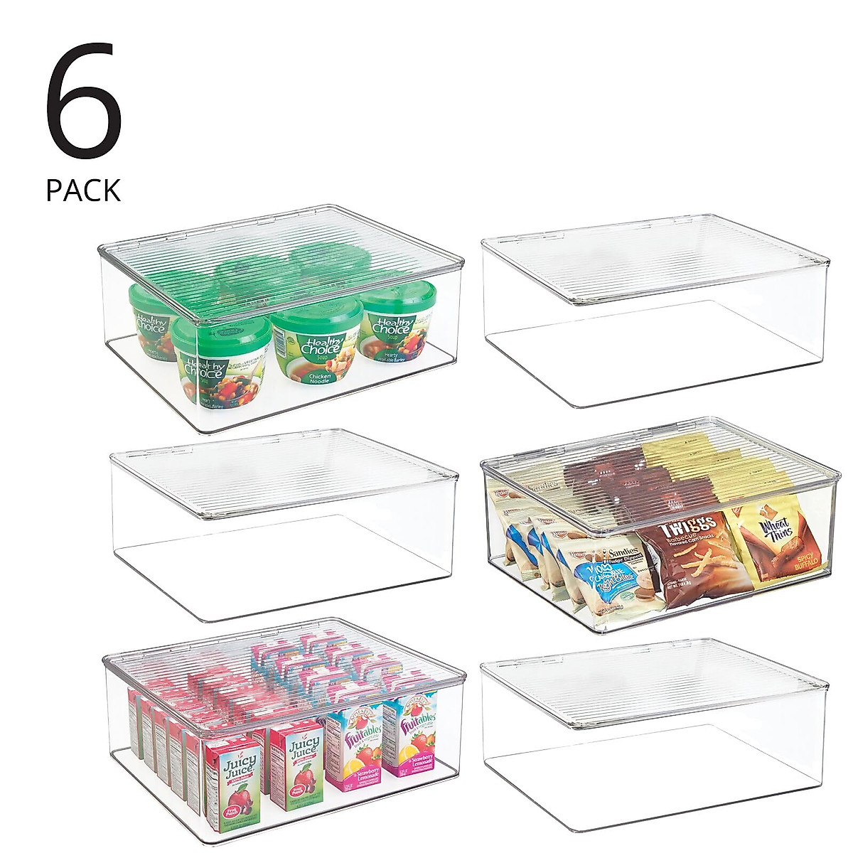 mDesign Plastic Kitchen Pantry and Fridge Storage Organizer Box Containers with Hinged Lid for Shelves or Cabinets, Holds Food, Snacks, Seasoning, Condiments, Utensils, Ligne Collection, 6 Pack, Clear