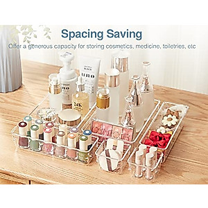 Puroma 25 PCS Drawer Organizer with Non-Slip Silicone Pads, 4-Size Versatile Vanity Drawer Storage Bins, Clear Plastic Drawer Organizer Trays, Customize Layout Organizer for Makeup and Bathroom Vanity