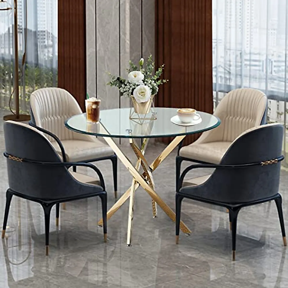 39" Round Dining Table for 6, Glass Kitchen & Dining Room Tables, Modern Circle Dining Room Table with 0.39" Tempered Glass Tabletop and Cross Stainless Steel Legs for Dinner Small Spaces (Gold Leg)