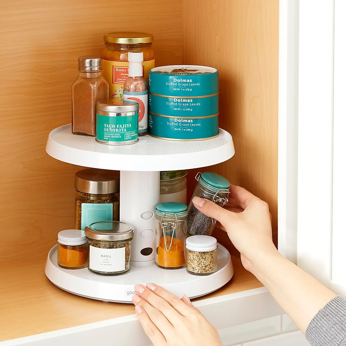 YouCopia Crazy Susan Two-Tier Turntable, Height-Adjustable Lazy Susan Organizer for Kitchen Cabinet and Pantry Organization and Storage, White