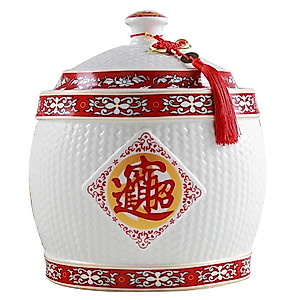 JIXDILO Chinese Ceramic Rice Bucket, Large Grain Dispenser, Food Storage Container with Lid, Sealed Rice Storage Jar for Noodles Rice Snacks(21x24cm(8x9inch), A)