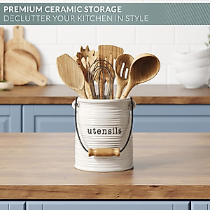 Barnyard Designs Ceramic Farmhouse Kitchen Utensil Holder for Countertop, Decorative Kitchen Utensil Holder, Large Kitchen Utensil Holder for Kitchen Counter, Utensil Crock Spatula Holder, 6" White