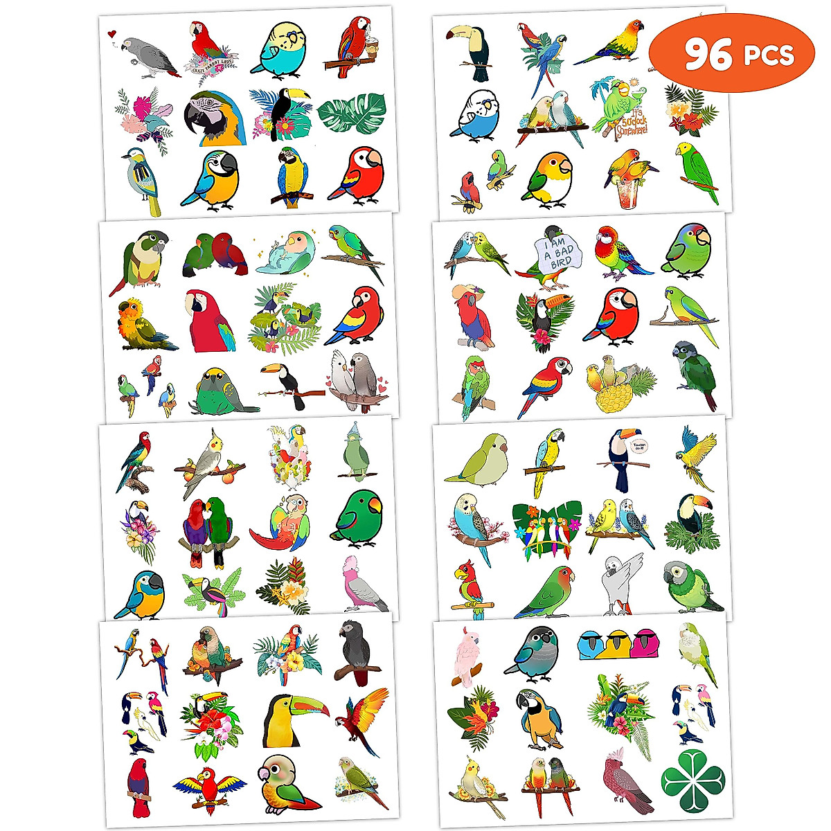 8 Sheets (96PCS) Parrot Bird Temporary Tattoo Stickers Tropical Themed Birthday Party Decorations Supplies Favors For Kids Boys Girls Gifts Classroom School Prizes Rewards