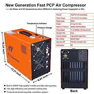 Spritech VE3 PCP Air Compressor,Auto-Stop 4500Psi/30Mpa Oil/Water-Free Air Gun and Paintball Tank Pump with Water/Oil Separator,Built-in Power Adapter(110V AC or 12V Car Battery)