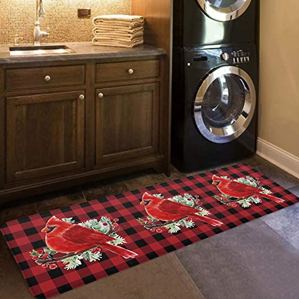 Libaoge Kitchen Mat Rug 1 PCS Christmas Robin Red Black Buffalo Plaid Runner Rug Anti-Fatigue Comfort Memory Foam Standing Mat Non-Slip Floor Door Mat for Bathroom Bedroom 20x47in