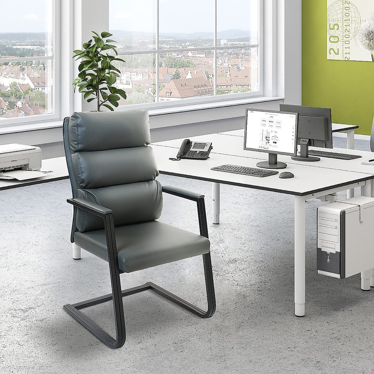 CLATINA Big Tall Office Guest Chair Upholstered Leather Comfortable Reception Chairs with Bonded Padded Arm Rest Sled Base for Conference Waiting Room Home Gray Set of 4