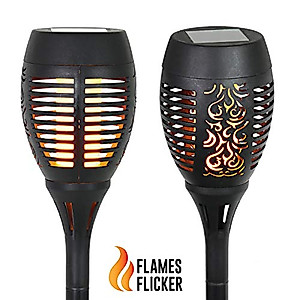 Exhart Garden Solar Lights, Set of 2 Flickering Flame Garden Stake Torches, LED Fire, Outdoor Garden and Yard Decoration, 4 x 21 Inch