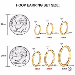PICKBEAU 5 Pairs Gold Hoop Earrings Set for Women - 14K Gold Plated Hypoallergenic Small Gold Earrings Set Cartilage Helix Huggie Hoop Pack for Women Men 12mm/14mm/16mm/18mm/20mm