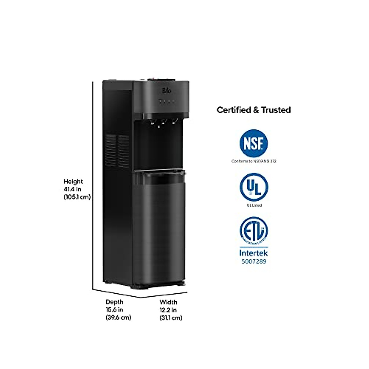 Brio CLBL520SCBLK Self-Cleaning Bottom Load Water Cooler Dispenser for 3 & 5 Gallon Bottles – Hot, Room & Cold Spouts, Child-Safety Lock, LED Display & Night Light, Black Stainless Steel