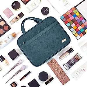 NISHEL Travel Toiletry Bag for women, Portable Hanging Organizer for Full-Sized Shampoo, Conditioner, Brushes Set, Makeup Accessories, Large Size, Lake-Blue