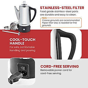 Elite Gourmet EC140 Electric 6-Cup Coffee Percolator with Keep Warm, Clear Brew Progress Knob Cool-Touch Handle Cord-less Serve, Stainless Steel