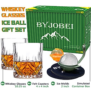 BYJOBEI Whiskey Rocks Glass, 2 Crystal Bourbon Glasses, 2 Ice Ball Molds 2 Coasters In Gift Box, 11 Oz Rock Barware for Bourbon Scotch Cocktail Vodka, Unique Gifts for Men