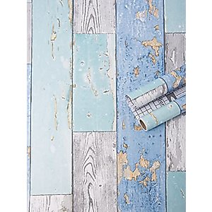 Art3d 17.7"x78.7" Peel and Stick Wallpaper - Decorative Self Adhesive Vinyl Film Wood Grain Wallpaper for Furniture Cabinet Countertop Shelf Paper, Blue Distressed Wood