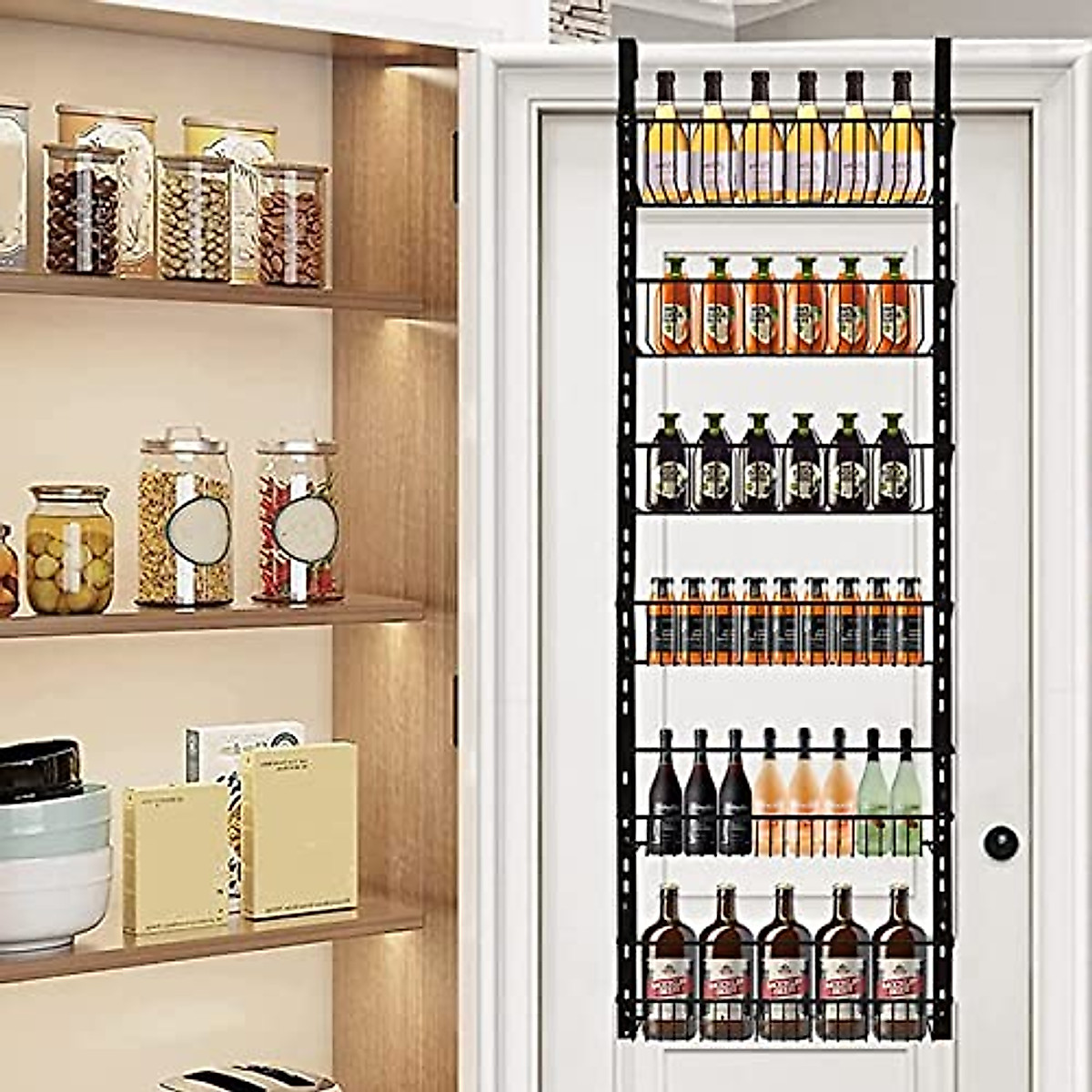 CiWiVOKi Over The Door Pantry Organizer With 6 Adjustable Metal Wire Baskets - Closet Organizer Hanging Spice Space Saver,17.6" W×53.5" H Pantry Door Organizer, Fridge Spice Rack Organizer, Black