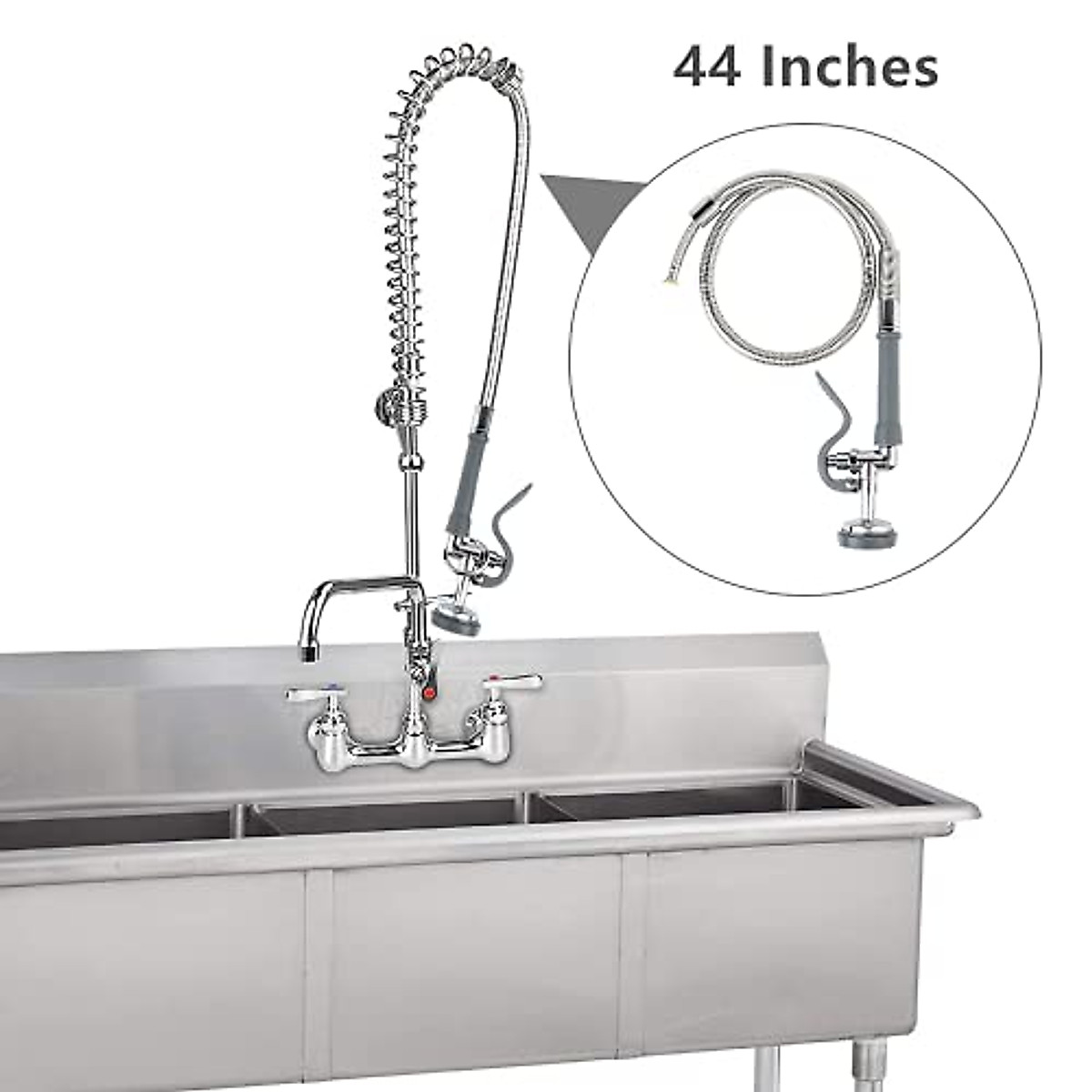 KWODE Pre Rinse Hose with Sprayer Valve 44 Inch Hose with Sprayer Head Replacement Kit Commercial Sink Sprayer Hose for Kitchen Sink Faucet (Free Brass Adapter to Connect Add-on Swivel Spout)