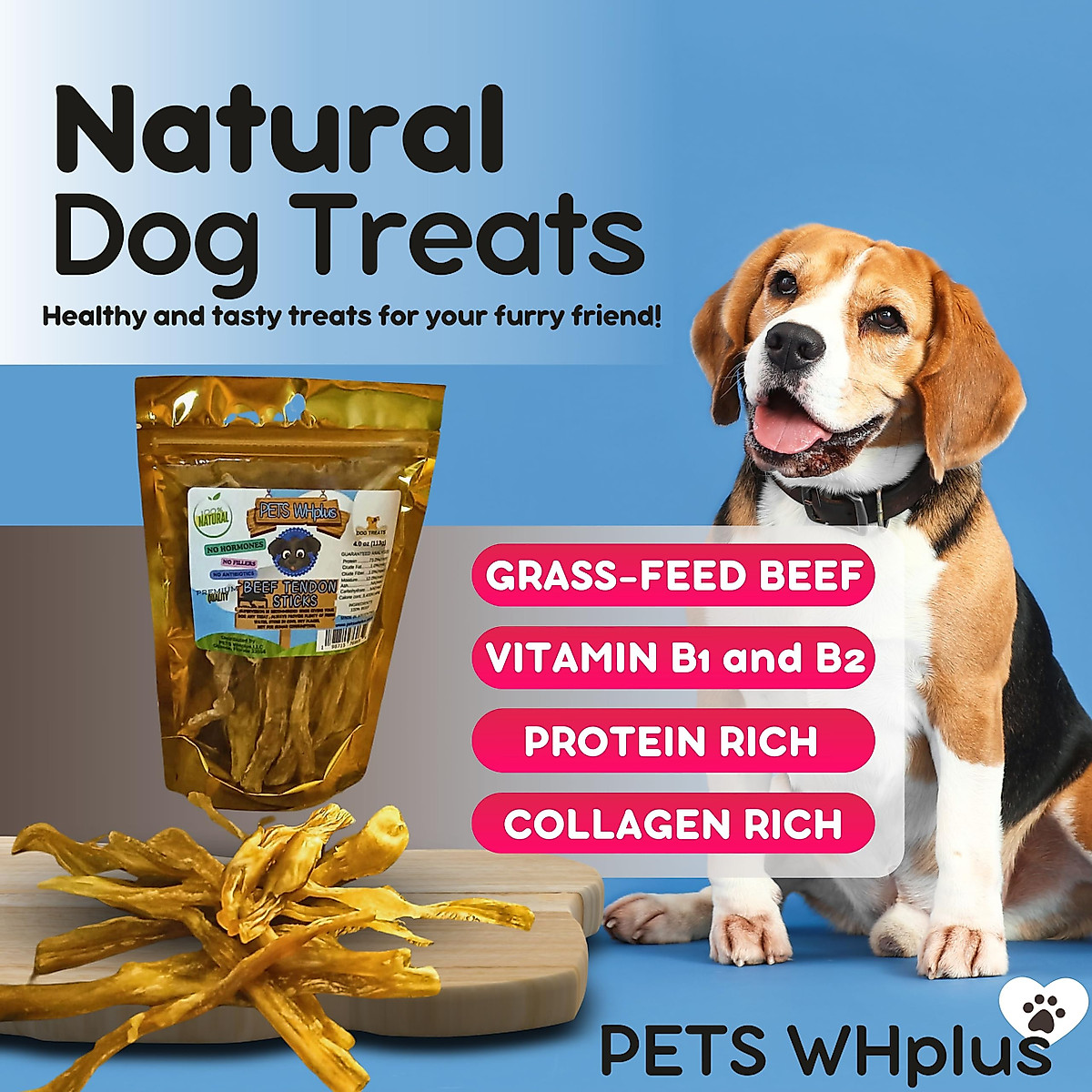 PETS WHplus Beef Tendon Sticks for Dogs,100% Natural Dog Treats, 4 oz (113g) Pack, Chews for Dogs, Mixed Lenght Varies 4-7 inches, Grass -Feed Beef-Dental Dog Chews, High in Protein & Collagen.