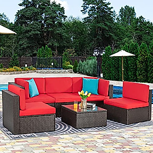 Vongrasig 6 Piece Small Patio Furniture Sets, Outdoor Sectional Sofa All Weather PE Wicker Patio Sofa Couch Garden Backyard Conversation Set with Glass Table,Red Cushions and Blue Pillows (Red)