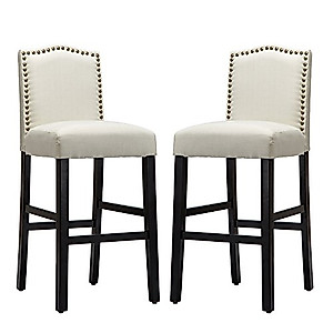 NOBPEINT Nail Head Studded Fabric Backed Bar Stools 29 inch Set of 2, Beige