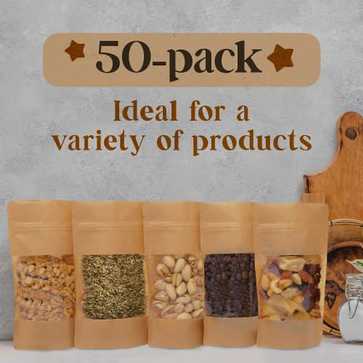 Kraft Stand Up Pouches, Zip Lock Storage; Packaging Bag, Food Storage Bags, Reusable Ziplock Bags with Window (20 x 30 cm (7.8x11.7 inch)-60.86 OZ, Kraft)