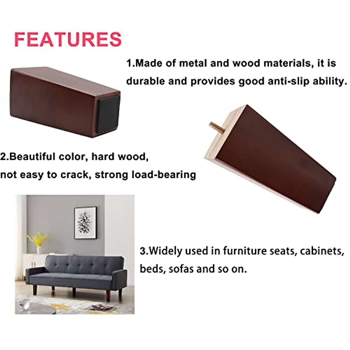 cSeao 4-Pack 6 Inches Wood Furniture Legs, Couch Legs, Sofa Legs, Mid Century, with 5/16 inch Bolts for Couch Ottoman Loveseat Coffee Table Cabinet