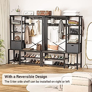 Aheaplus Hall Tree with Storage Bench, Coat Rack, 5-Tier Shelves, Fabric Storage Basket, Side hooks, Industrial 5 in 1 Large Organizer, 72 inch,Wood Look Accent Furniture-Sturdy Metal Frame, Black Oak